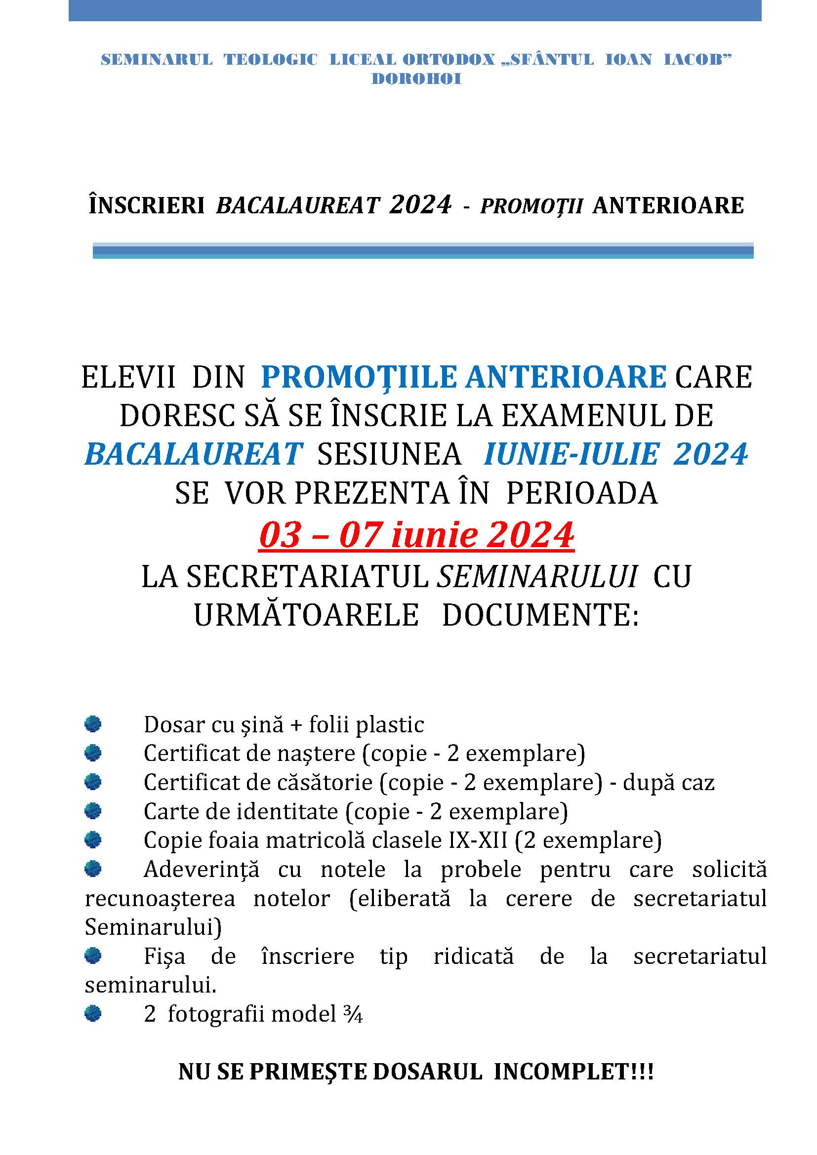 ANUNT INSCRIERI BACALAUREAT sesiunea IUNIE-IULIE 2024 | Seminarul ...
